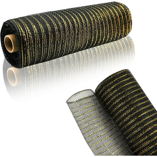 2 Rolls Black and Gold Deco Mesh Ribbon Party Decorations 10 in x 30 ft ...