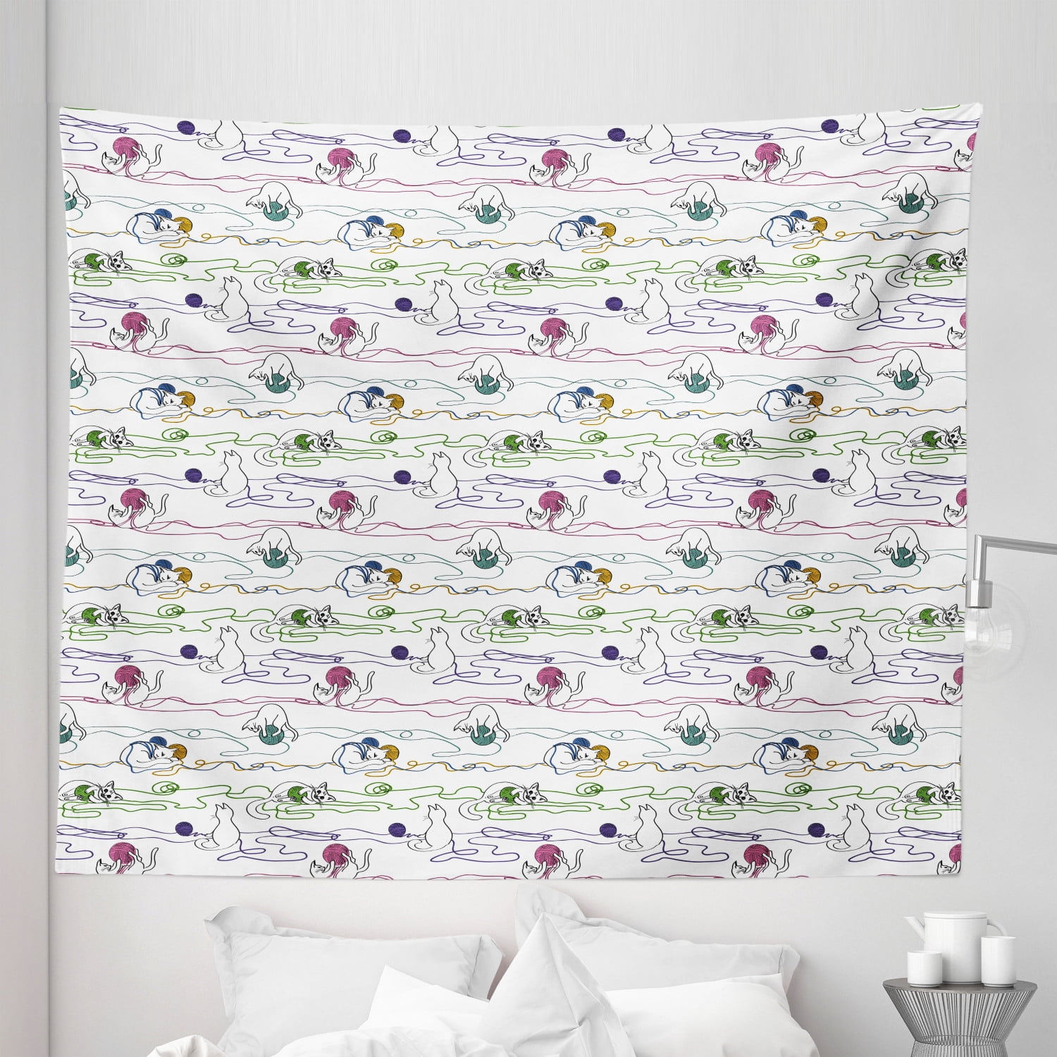 Kitten Tapestry, Hand Drawing Style Cats Playing with Colorful Balls of ...