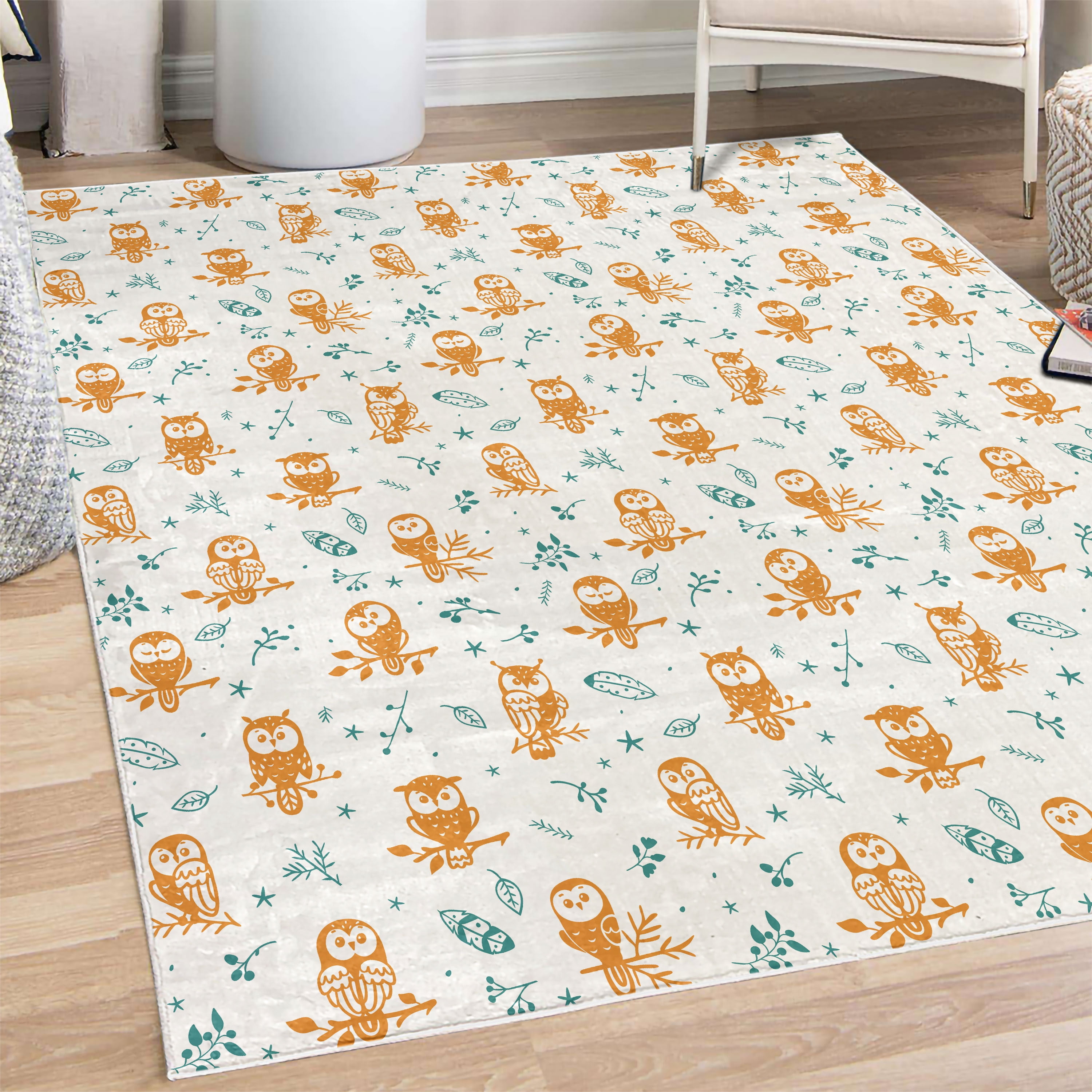 Owl Decorative Rug, Cartoon Style Illustration of Birds on the Branches ...
