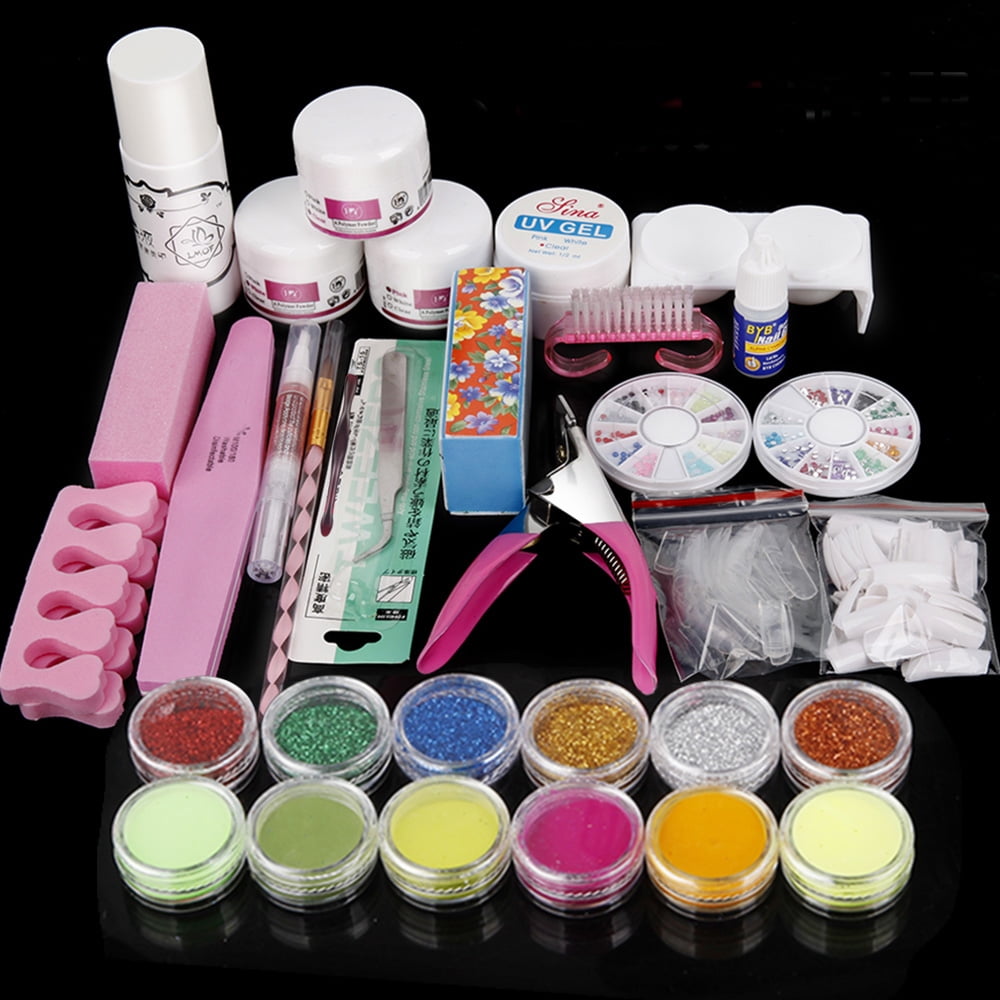 Nail Art Set Acrylic Glitter Powder Primer Tips Brush Glue Dust Kits