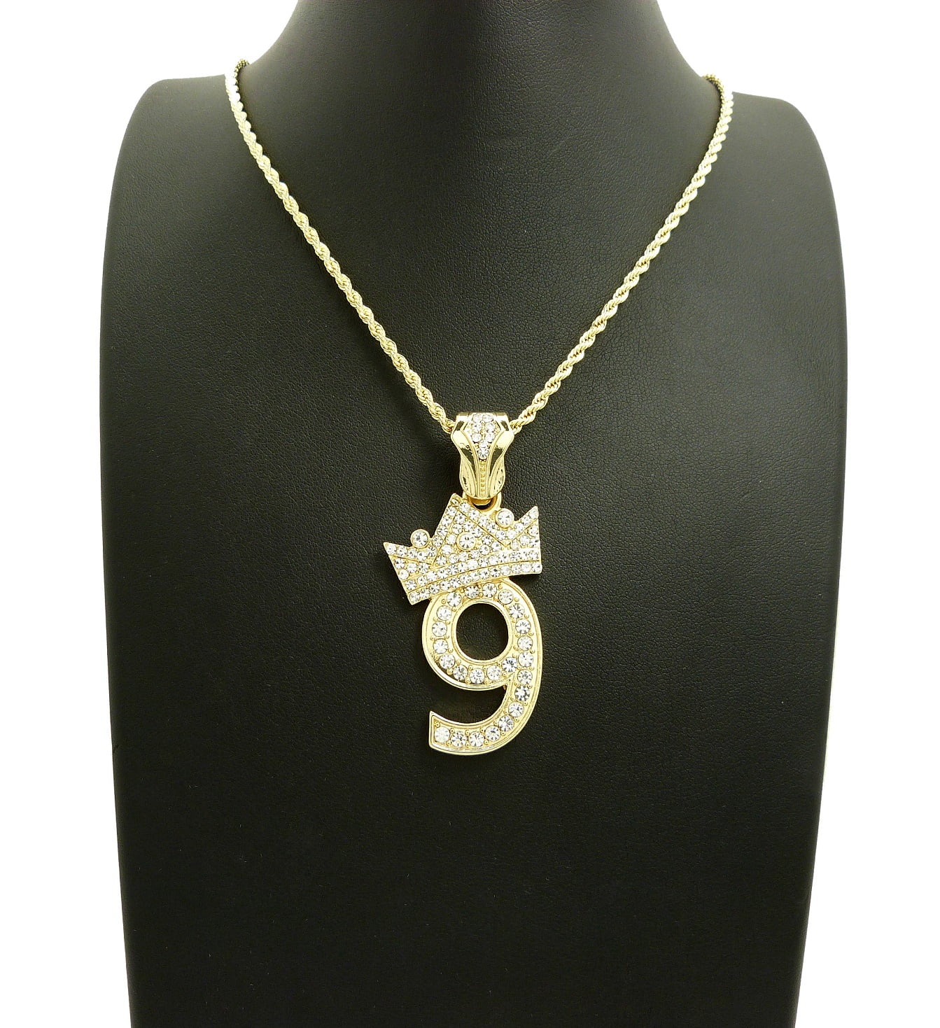 Stone Stud Tilded Crown Number Pendant with 3mm 18" Rope Chain Necklace ...