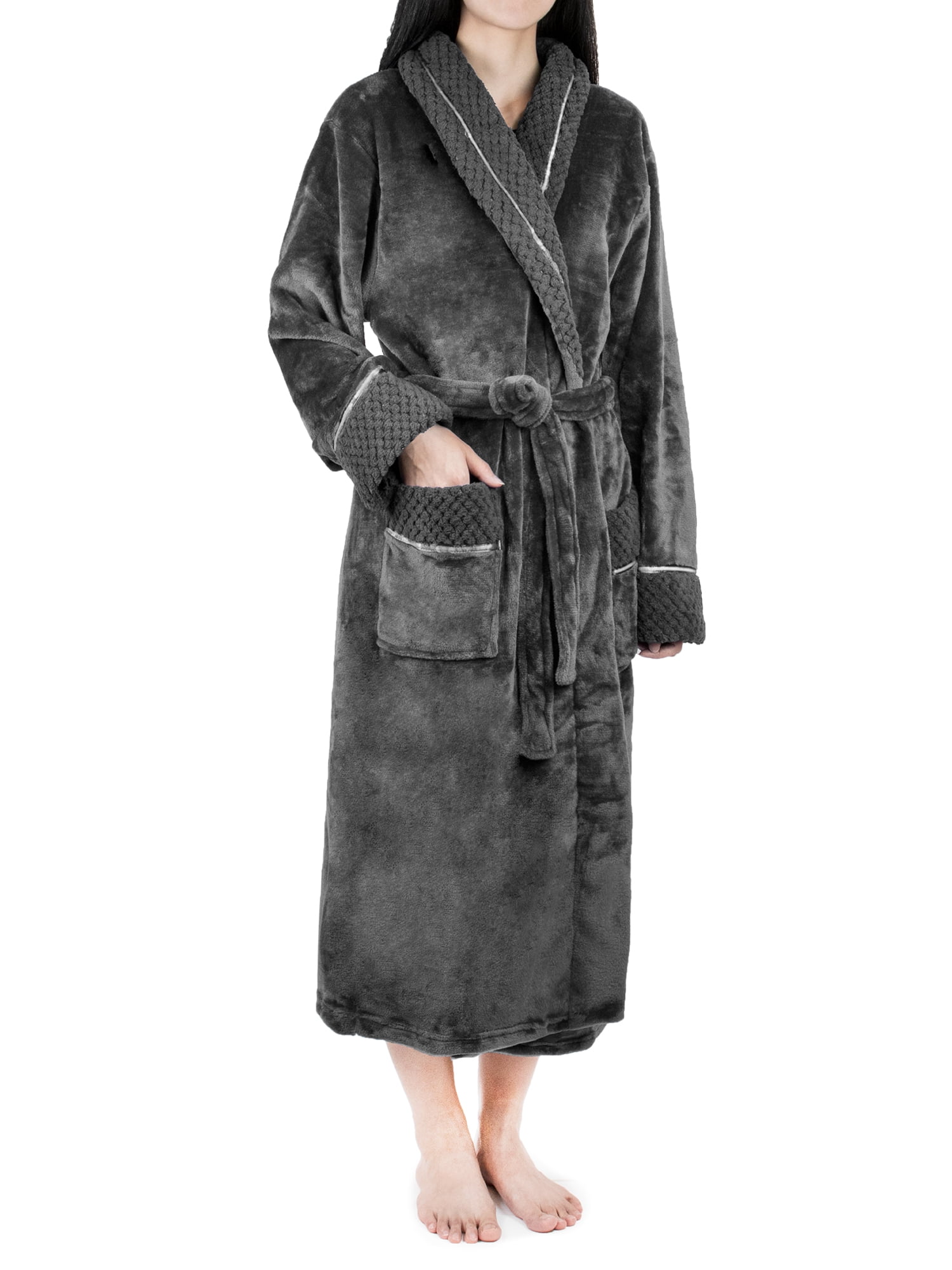 PAVILIA Soft Plush Women Fleece Robe, Grey Cozy Bathrobe, Female Long ...