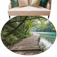 Forest Walkway Washable Round Area Rug 6 ft, Lake Serene Wooden Bridge ...