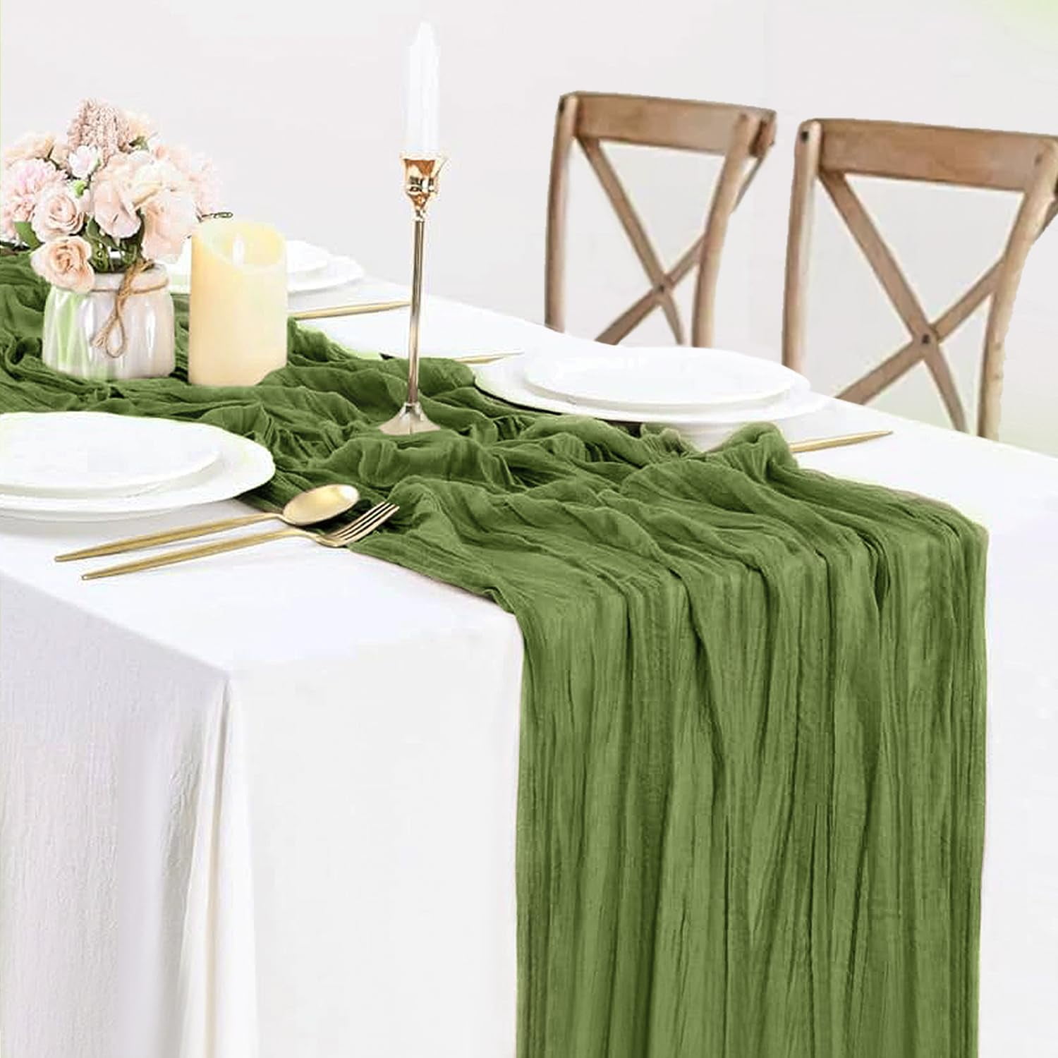 SHIQI-Moss Green Cheesecloth Table Runners, 10Ft x 35" Wrinkled Gauze Boho Wedding Table Runner ...