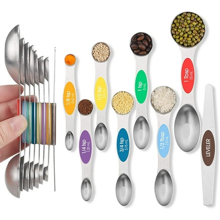 Magnetic Measuring Spoons Set of 8 Stainless Steel Stackable Dual Sided ...