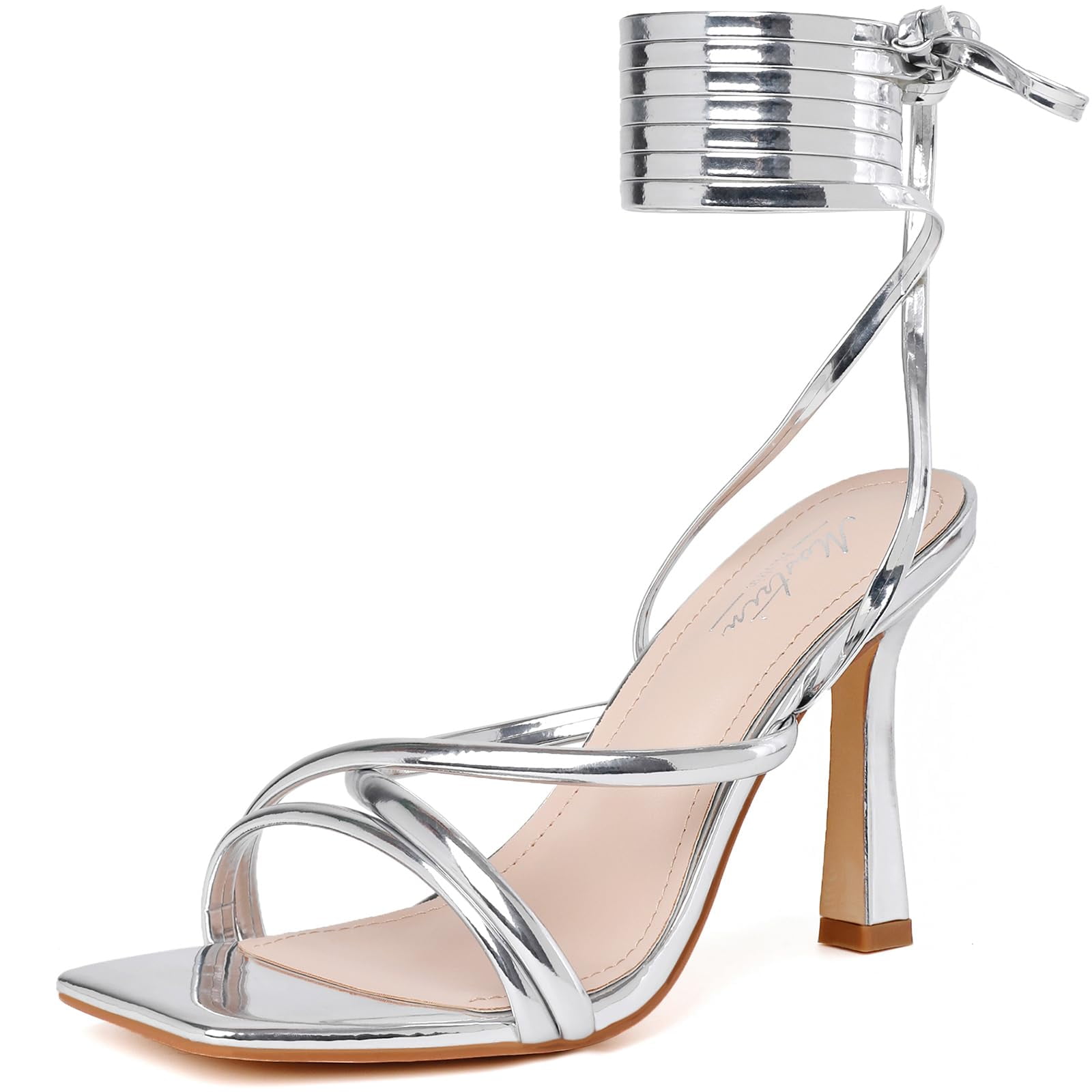 Sandalias de aguja Heels Mostrin con tiras plateadas para mujer 9.5 ...