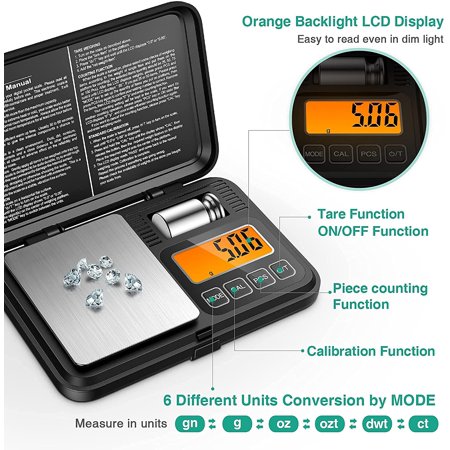 Brifit Digital Mini Scale, 200g/0.01g Digital Pocket Scale 50g Calibration Weight, 6 Units, Tare ...