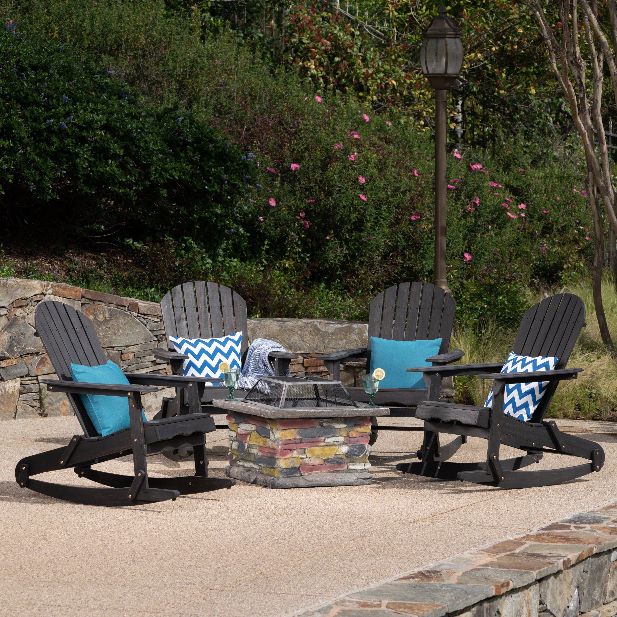 Michaela Outdoor 5 Piece Acacia Wood Adirondack Rocking Chair Set with ...