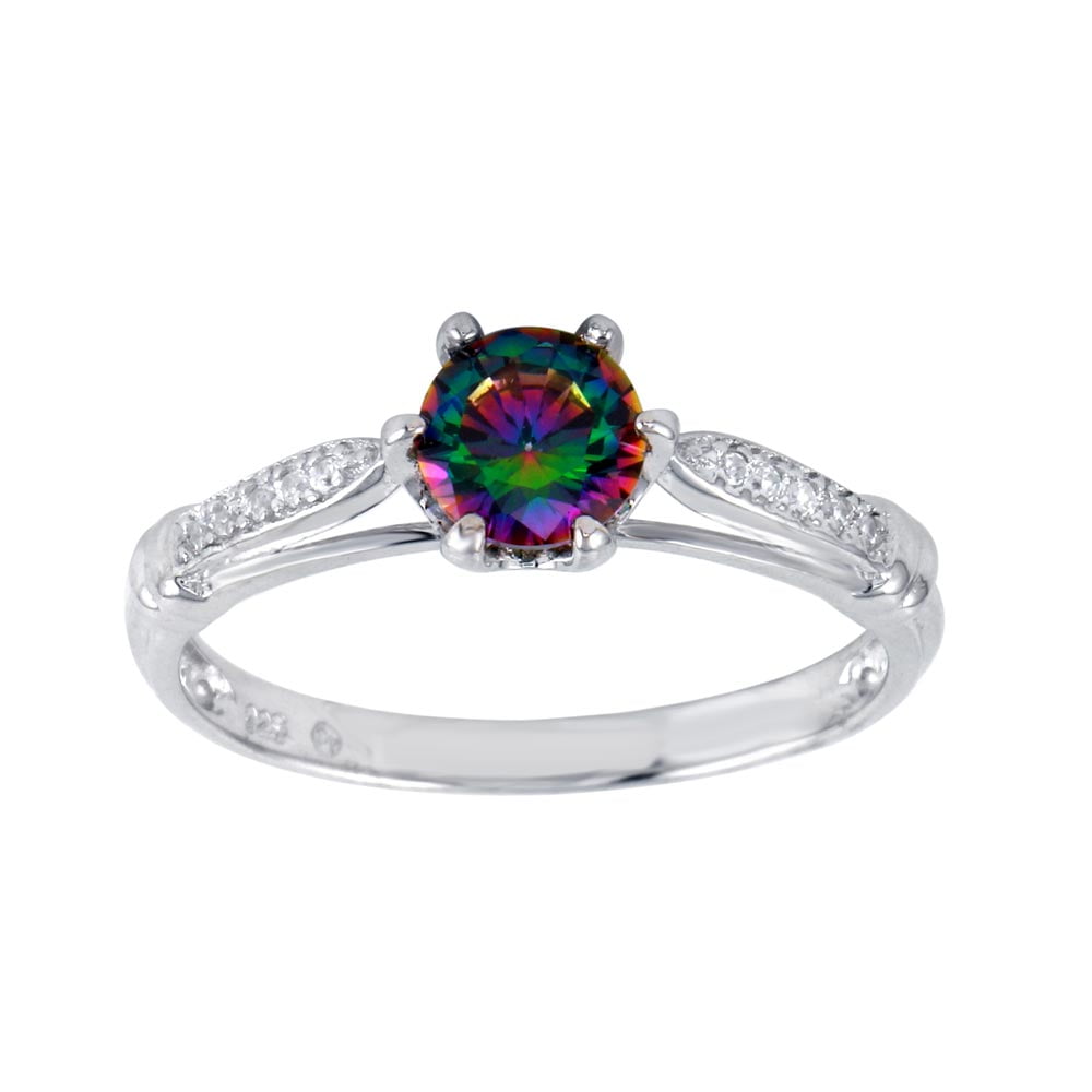 Round Synthetic Mystic Topaz Clear CZ Design Ring Sterling Silver Size ...