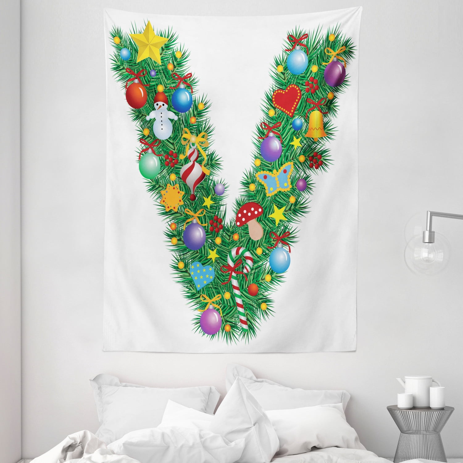 Letter V Tapestry, Ornament Christmas Tree Design Capitalized V Festive ...