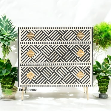 LAKECITY ARTS Bone Inlay Checker Board Design 4 Drawers Chest Black ...
