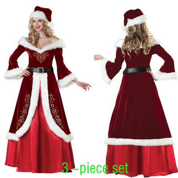 Classic Luxury Lady Santa Cosplay Female Costume Santa Hat Santa Red Dress Carnival Party Furry