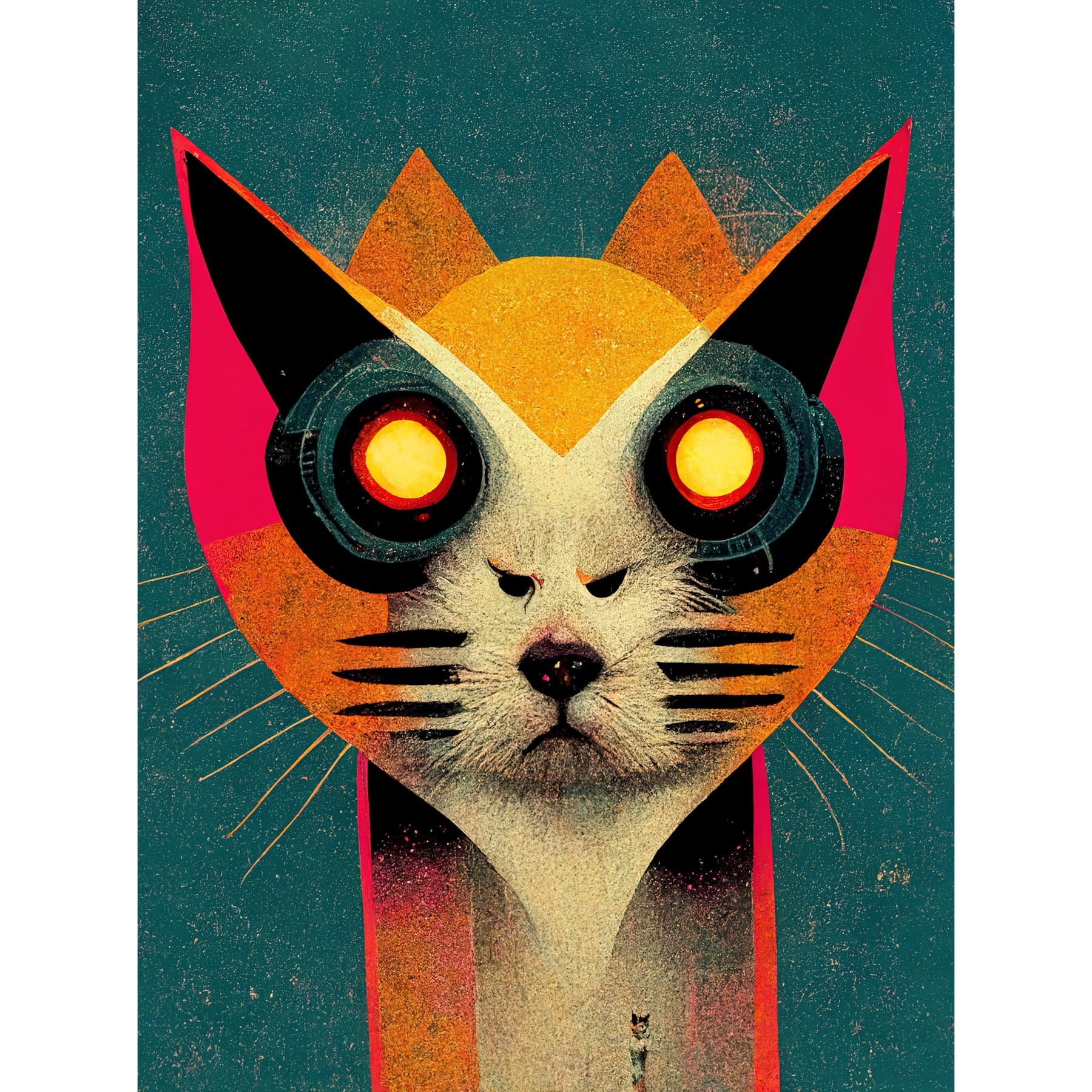 Multicoloured Retro Cyborg Cat Hybrid In Teal Background Unframed Wall ...