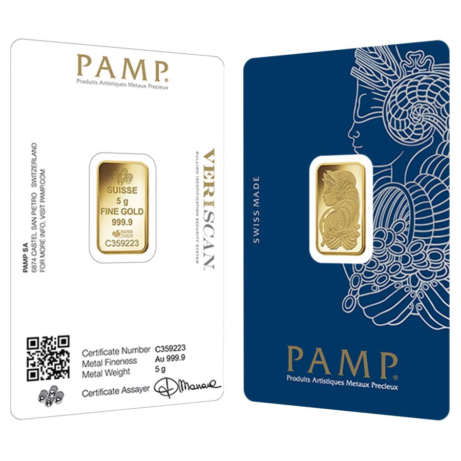 5 gram Gold Bar PAMP Suisse Lady Fortuna Veriscan .9999 Fine (In Assay ...