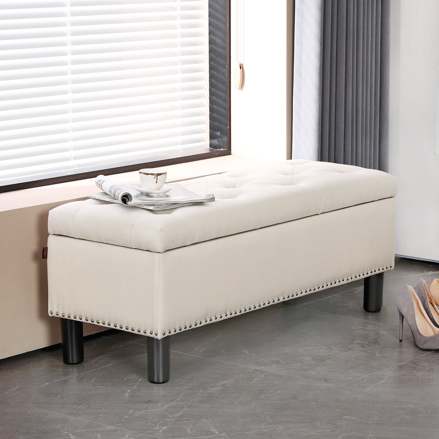 Rectangle Linen Fabric Upholstered Button Tufted Storage Ottoman ...