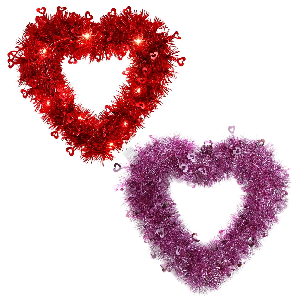 2PCS Valentine's Day Heart Wreath with LED Lights Artificial Hanging ...