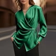 Aezemi Women Satin Dress Tops Tie Wrap Front V Neck Ruched Long Sleeve ...
