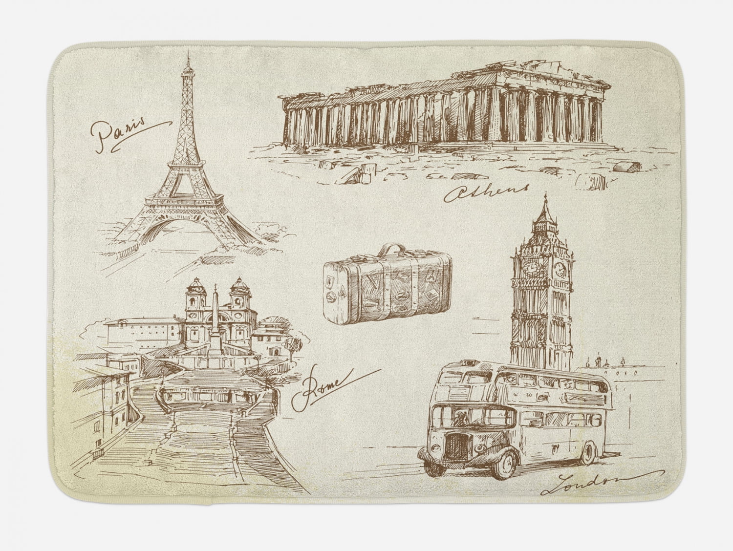 Travel Bath Mat, Sketch Art Collection of Travel Over European ...