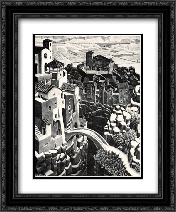 M.C. Escher 2x Matted 20x24 Black Ornate Framed Art Print 'Castrovalva ...