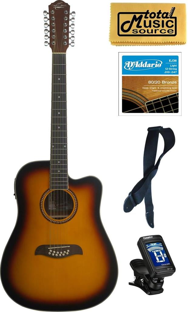 Oscar Schmidt 12 String Sunburst Acoustic/Elec Guitar Bundle, OD312CETS ...