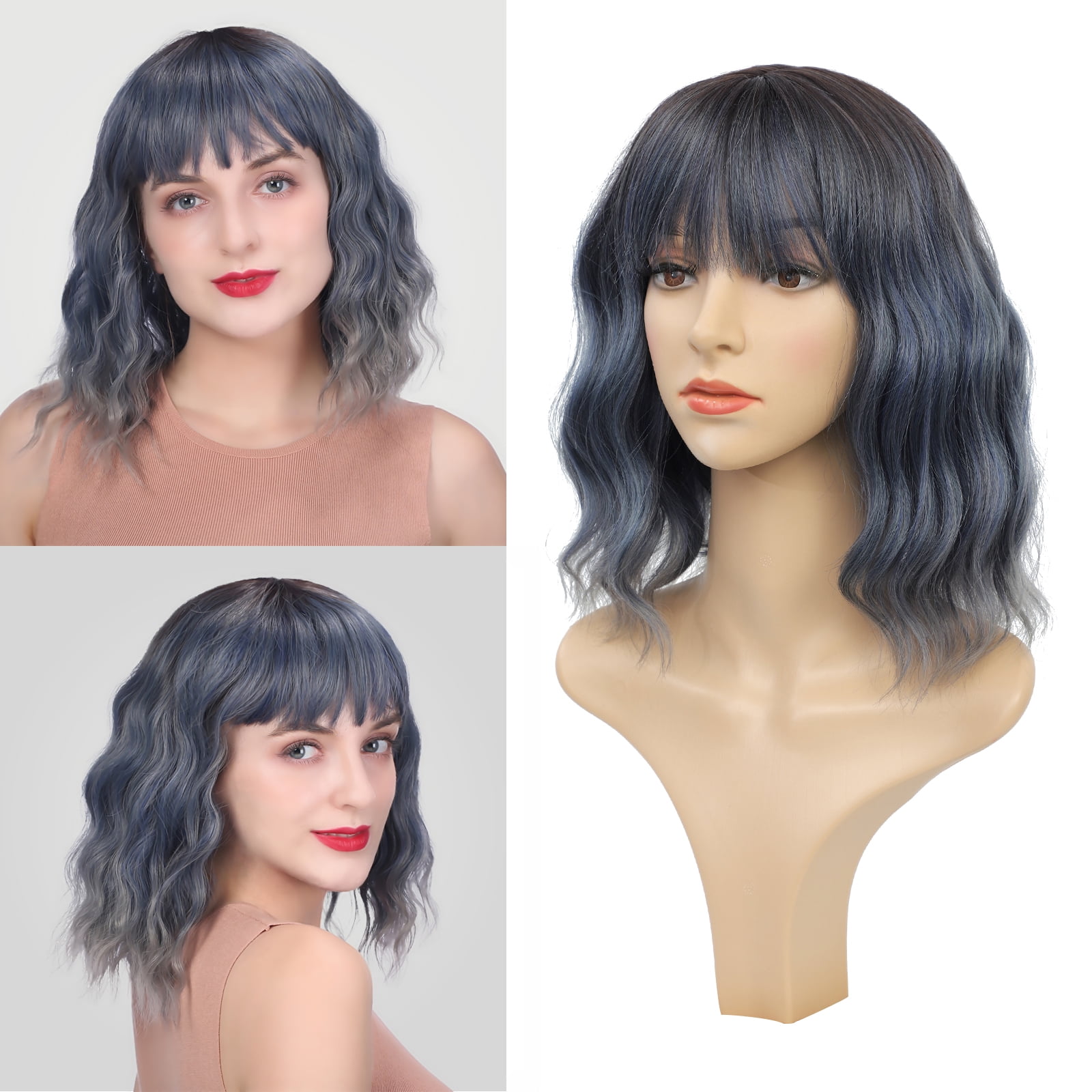 MORICA Curly Bob Wig with Bangs 12 inch Short Wavy Grayish Blue Wigs ...