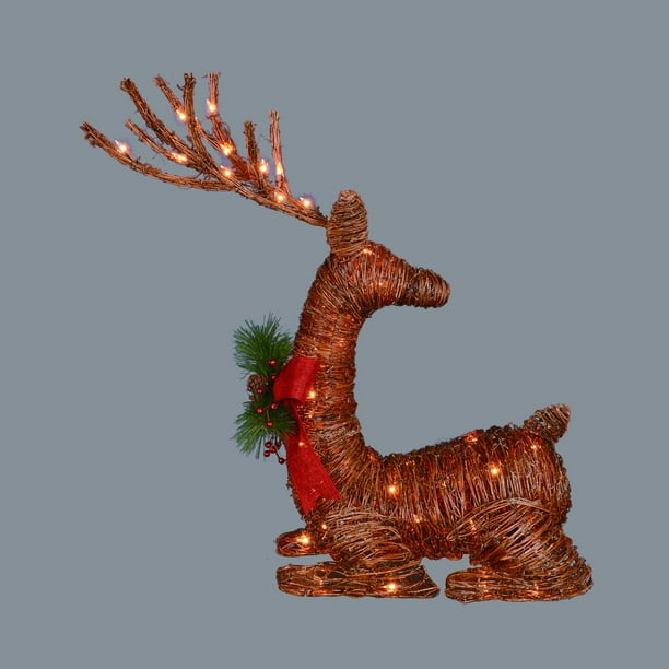 30" Lighted Rattan Reindeer with Red Bow and Pine Cones Christmas ...