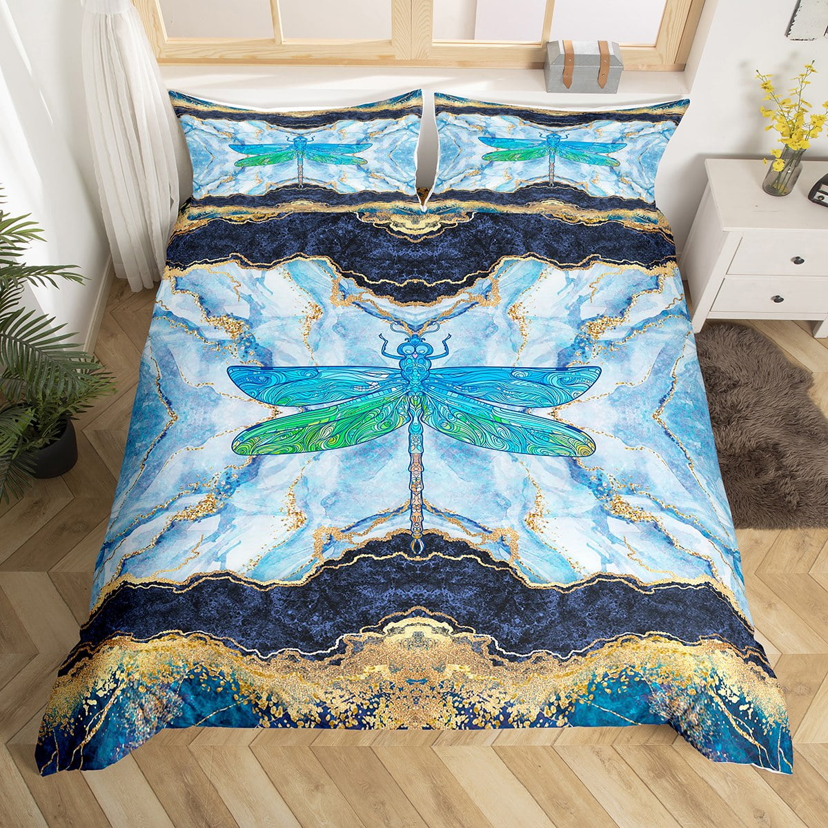 Dragonfly Gifts for Women,Golden Marble Textured Bedding Set Marble ...