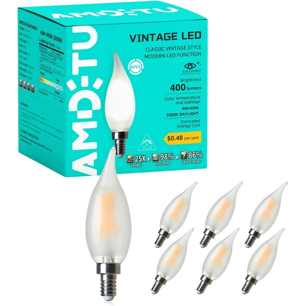AMDTU E12 Candelabra Bulb 40 Watt Frosted LED Chandelier Light Bulbs, Non-Dimmable 5000K ...
