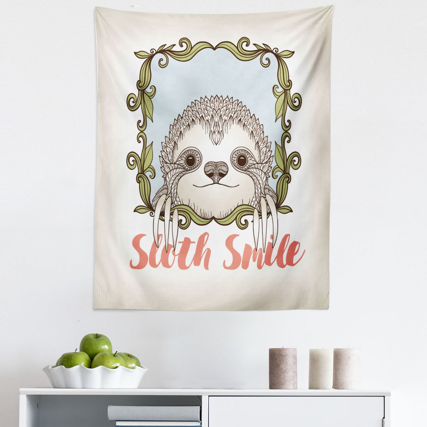 Sloth Tapestry, Exotic Animal in Floral Frame Smile Theme Mammal ...