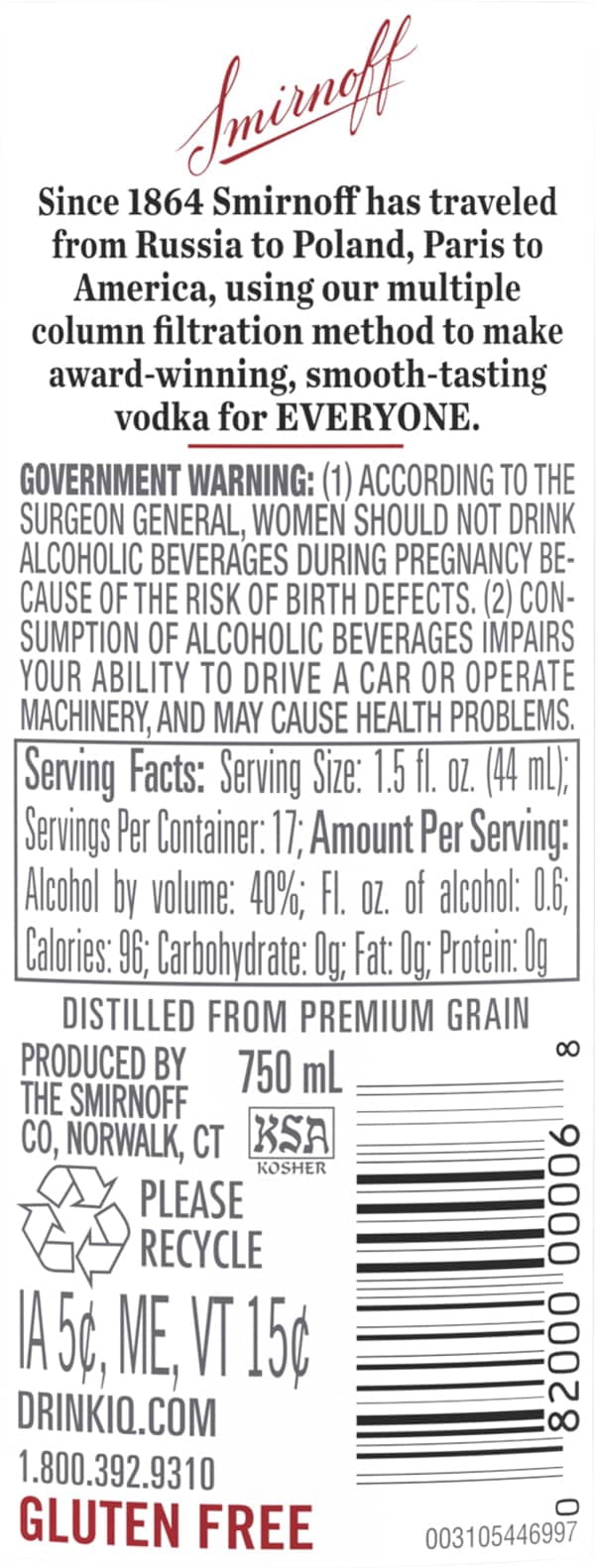 Smirnoff Label Back