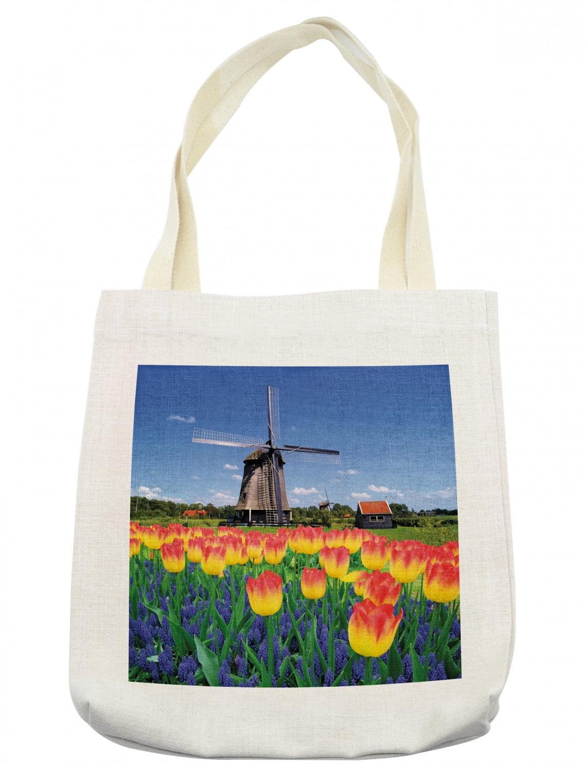 Landscape Tote Bag, Tulip Blooms with Classic Dutch Windmill ...
