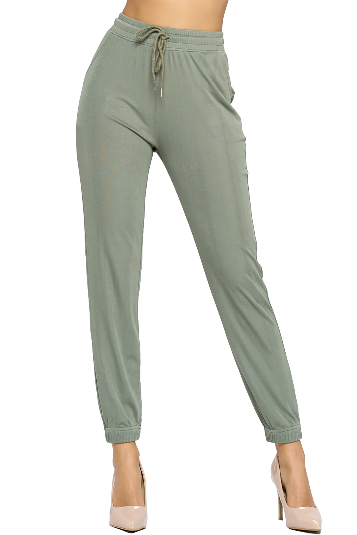 Womens Casual Solid Drawstring Elastic Waist Jogger Pants With Pockets