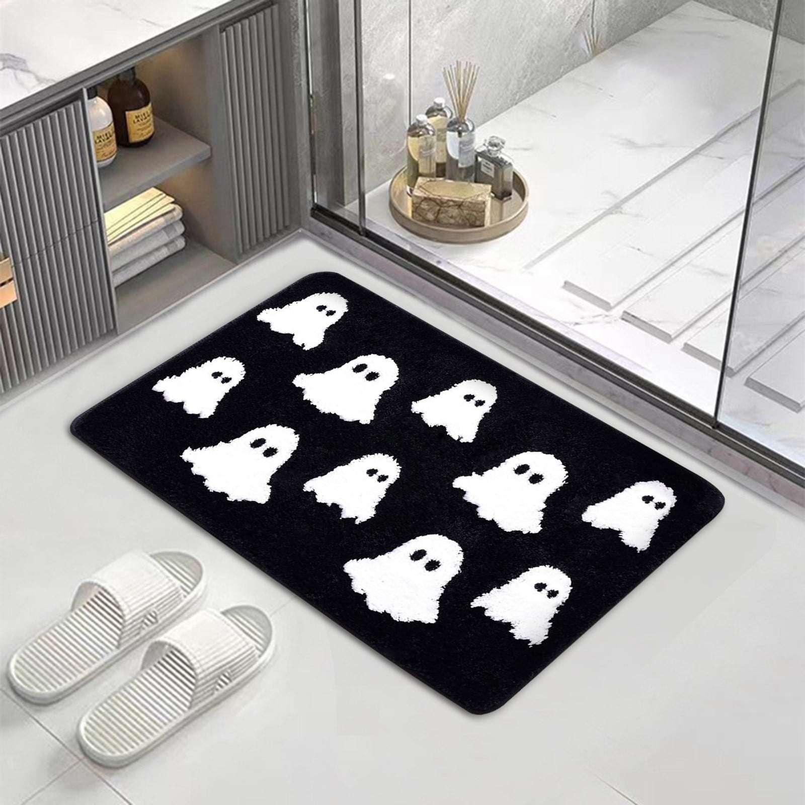 Fridja Halloween Bath Mat Bathroom Rugs  Black Ghost Bath Mat Cute Goth Bath Mat Non Slip  Cool Horror Machine Washable Rug Halloween Bathroom Decor F