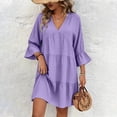 THDHVS Women's Casual Dresses,Solid Color V Neck Puff Sleeve Tiered ...