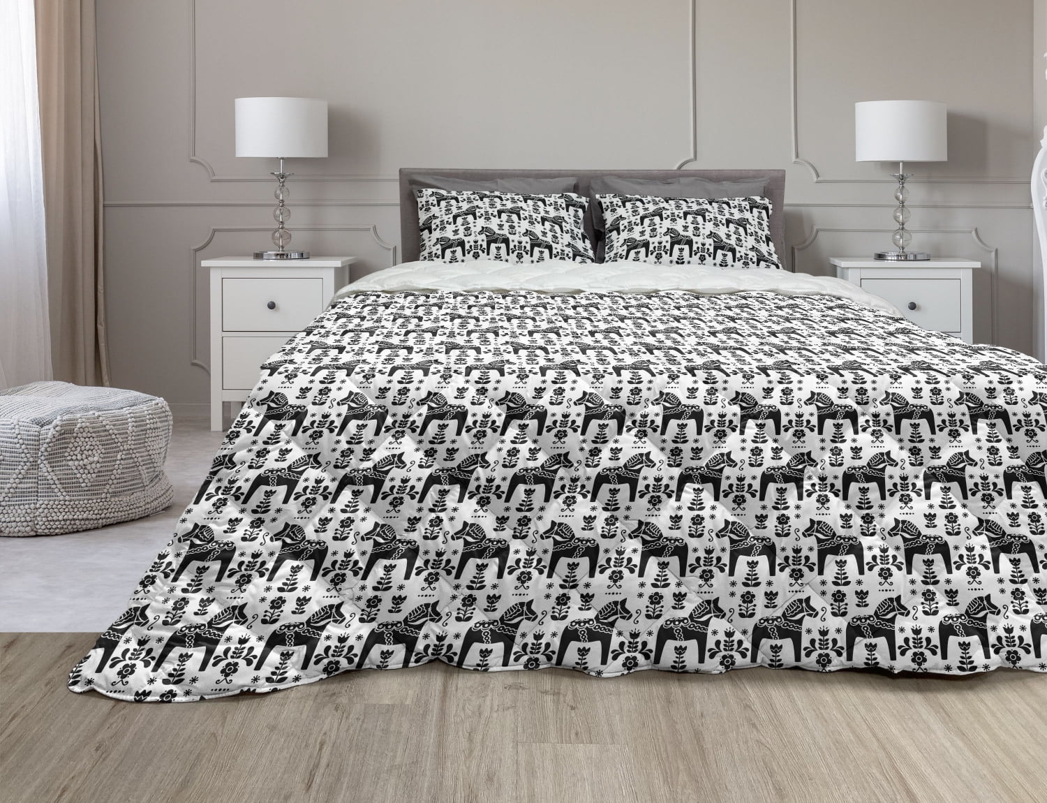 Nordic Comforter & Sham Bedding Set, Swedish Folk Art with Dalecarlian ...
