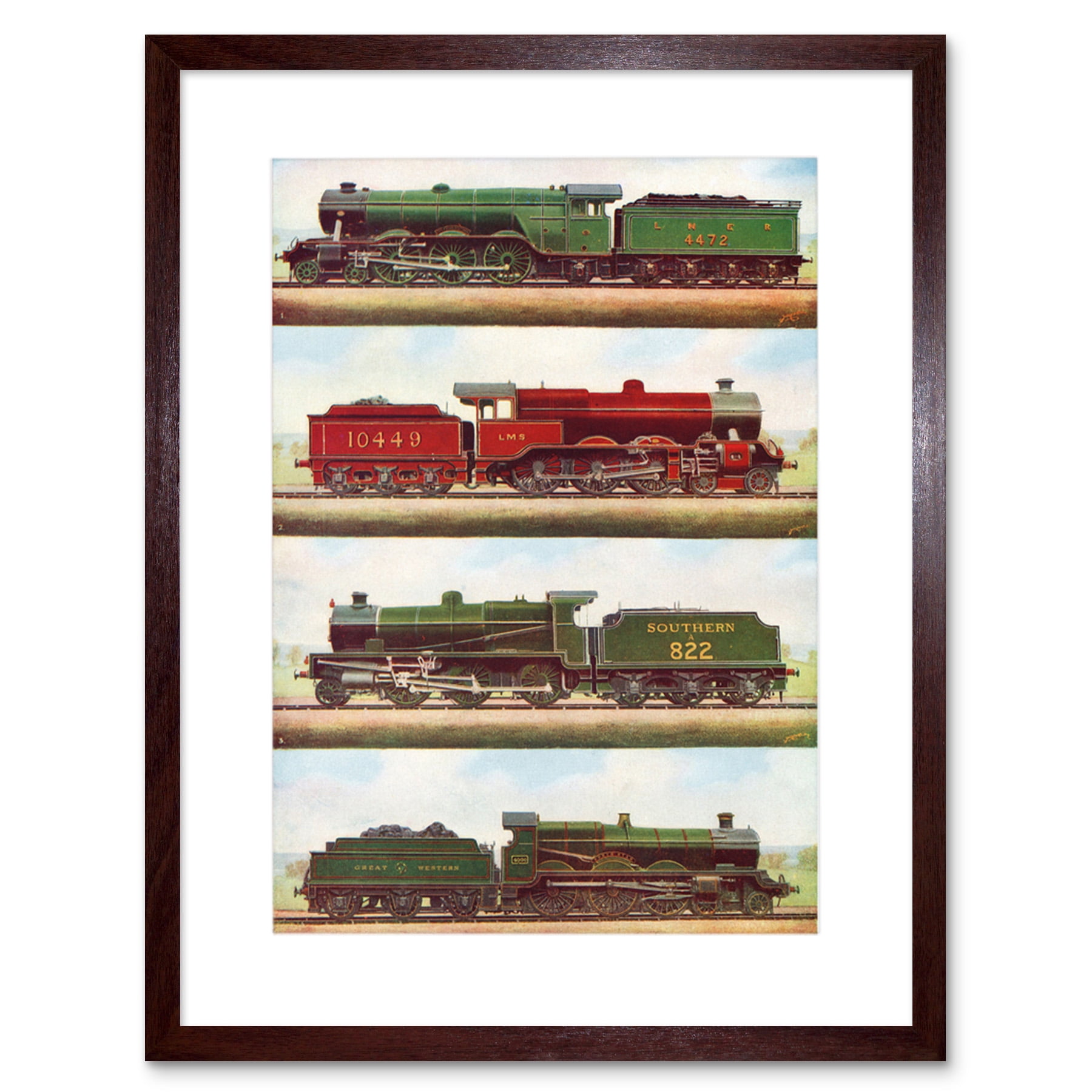 Transport Red Green Four Train Engine Locomotives Vintage Illustration ...