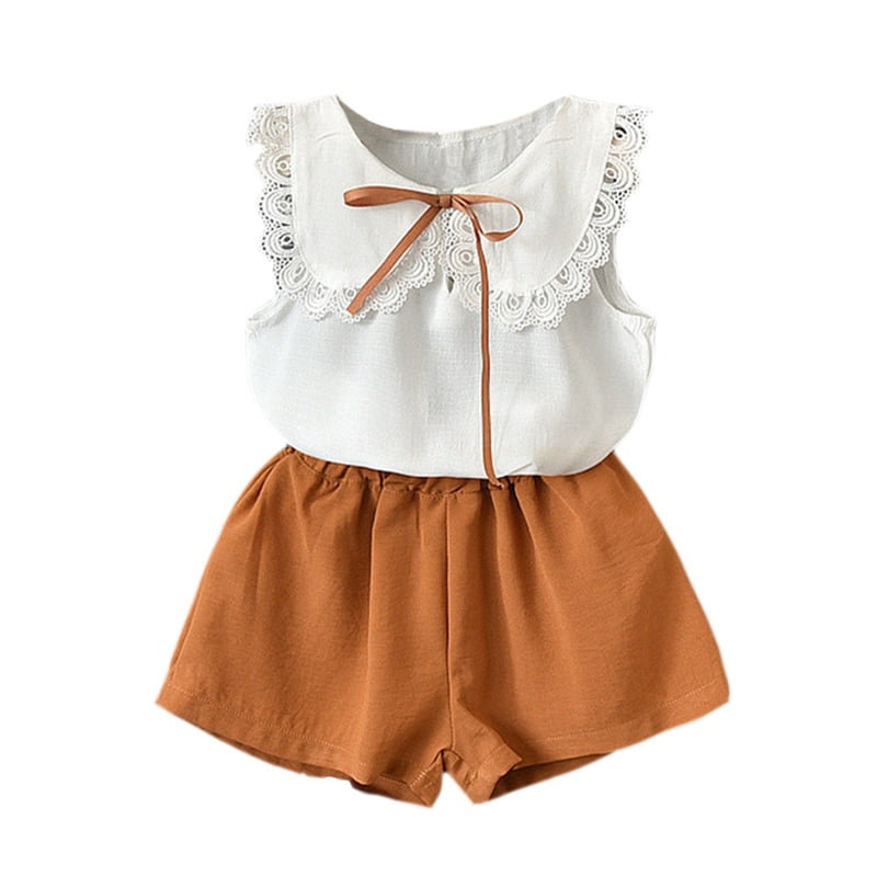 Fashion Girls Clothes Sets Summer Sleeveless Lace Bow Tops+Casual ...