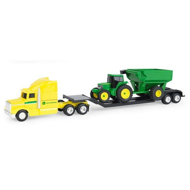 Yellow John Deere Semi Truck with Lowboy Trailer Hauling a Tractor ...