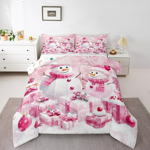 YST Cute Kawaii Snowman Queen Comforter Set Pink Winter Christmas ...