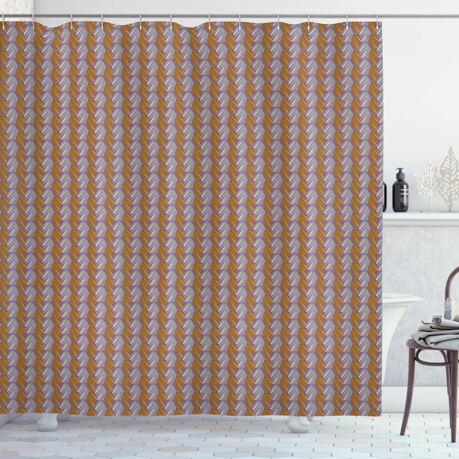 Geometric Shower Curtain, Striped Hexagons Creative Hand-drawn Brushed ...