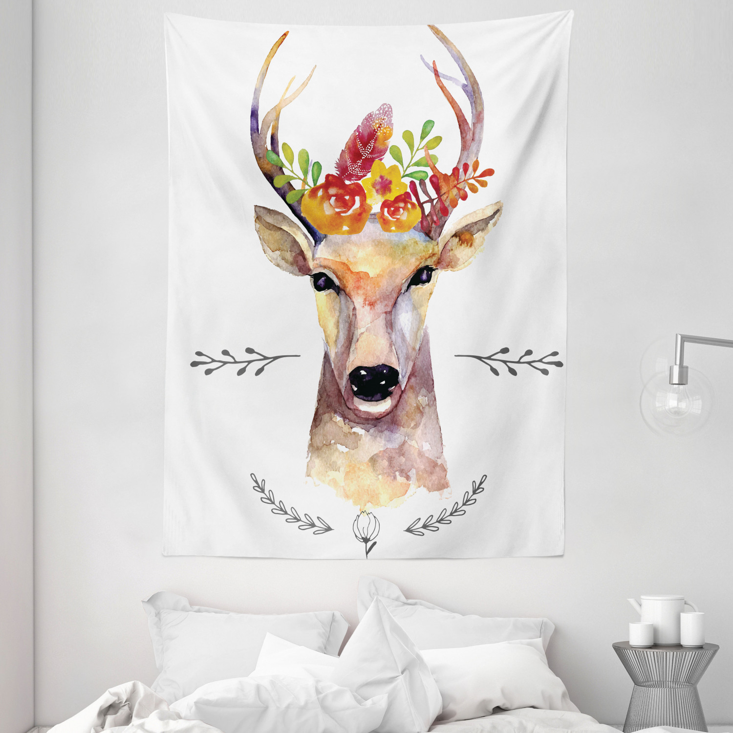 Indie Tapestry, Deer Portrait in Watercolor Painting Style Boho Flower ...