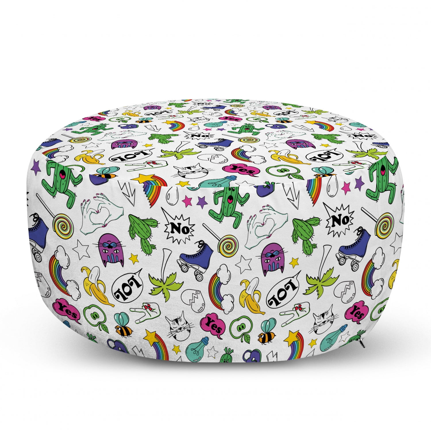 Emoticon Pouf Cover with Zipper, Vivid Colored Composition of Fun Retro ...