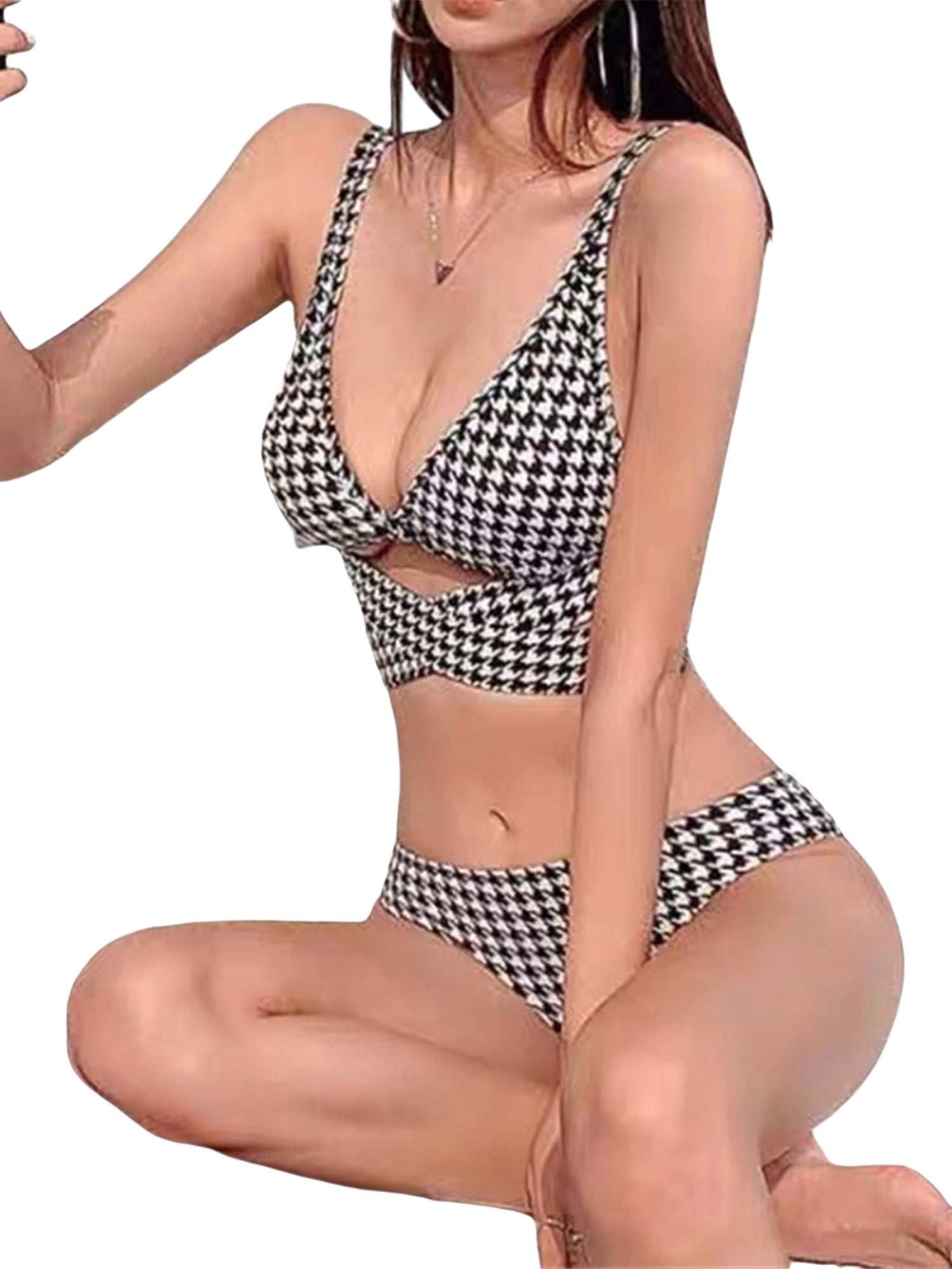 Eyicmarn Women's Two Piece Bikini Houndstooth Print Deep V Neck Sling ... Eyicmarn Women's Two Piece Bikini Houndstooth Print Deep V Neck Sling ...