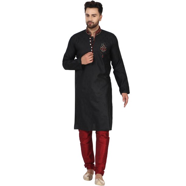 SKAVIJ Kurta Pajama Set for Men Jacquard Silk Wedding Dress Black M ...