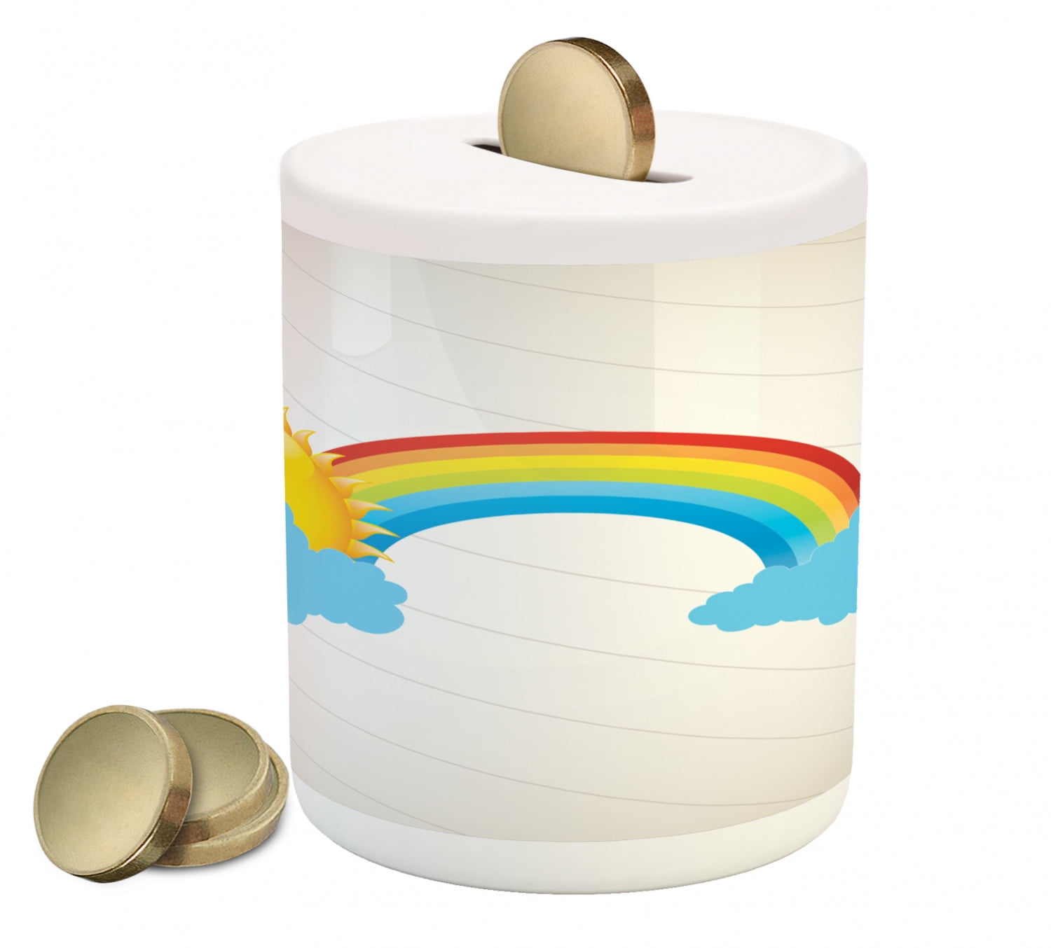 Vintage Rainbow Piggy Bank, Sun over the Clouds on a Beige Diagonal ...