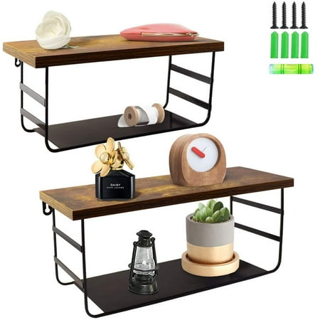 2 Tier Wall Mounted Shelf Set of 2, Wall Floating Shelves with Black ...