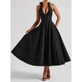Black Jacquard Halter Neck Sleeveless A-Line Midi Dress With Deep V ...
