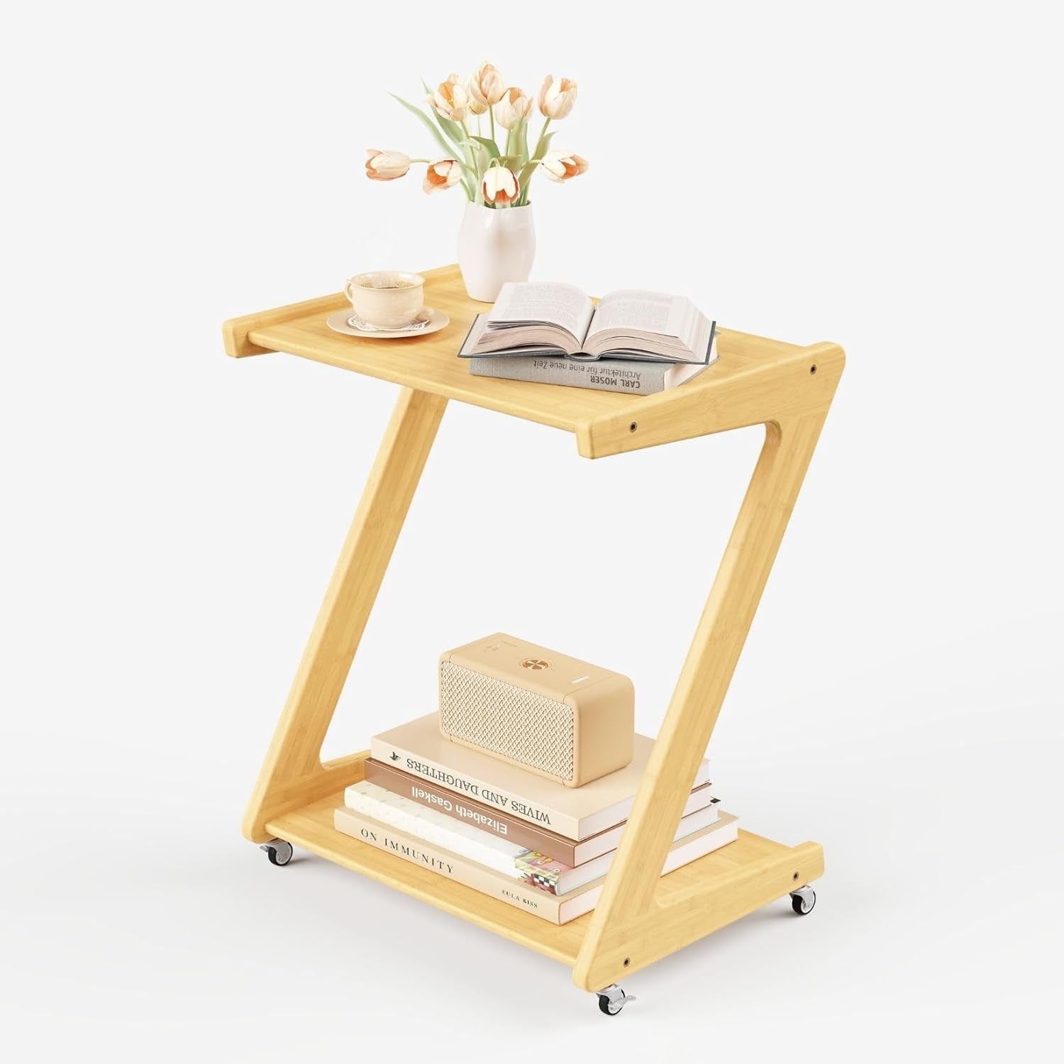 Solid Bamboo Wood End Table with 2-Layer Storage Shelves Small Rolling ...
