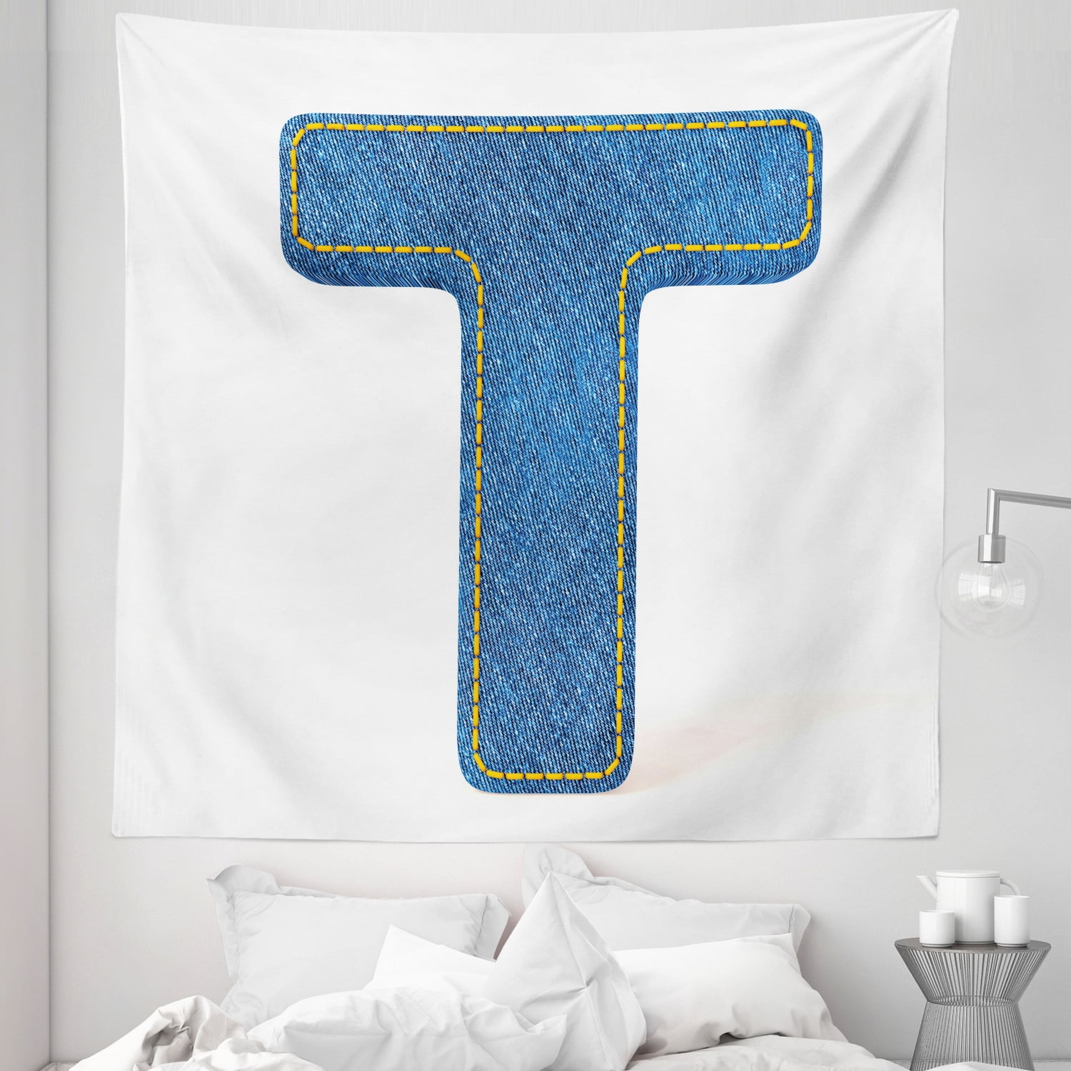 Letter T Tapestry, Alphabet Design with Denim Texture Element Blue ...