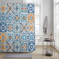 Blue Floral Shower Curtain for Bathroom, Vintage Mediterranean Tile ...